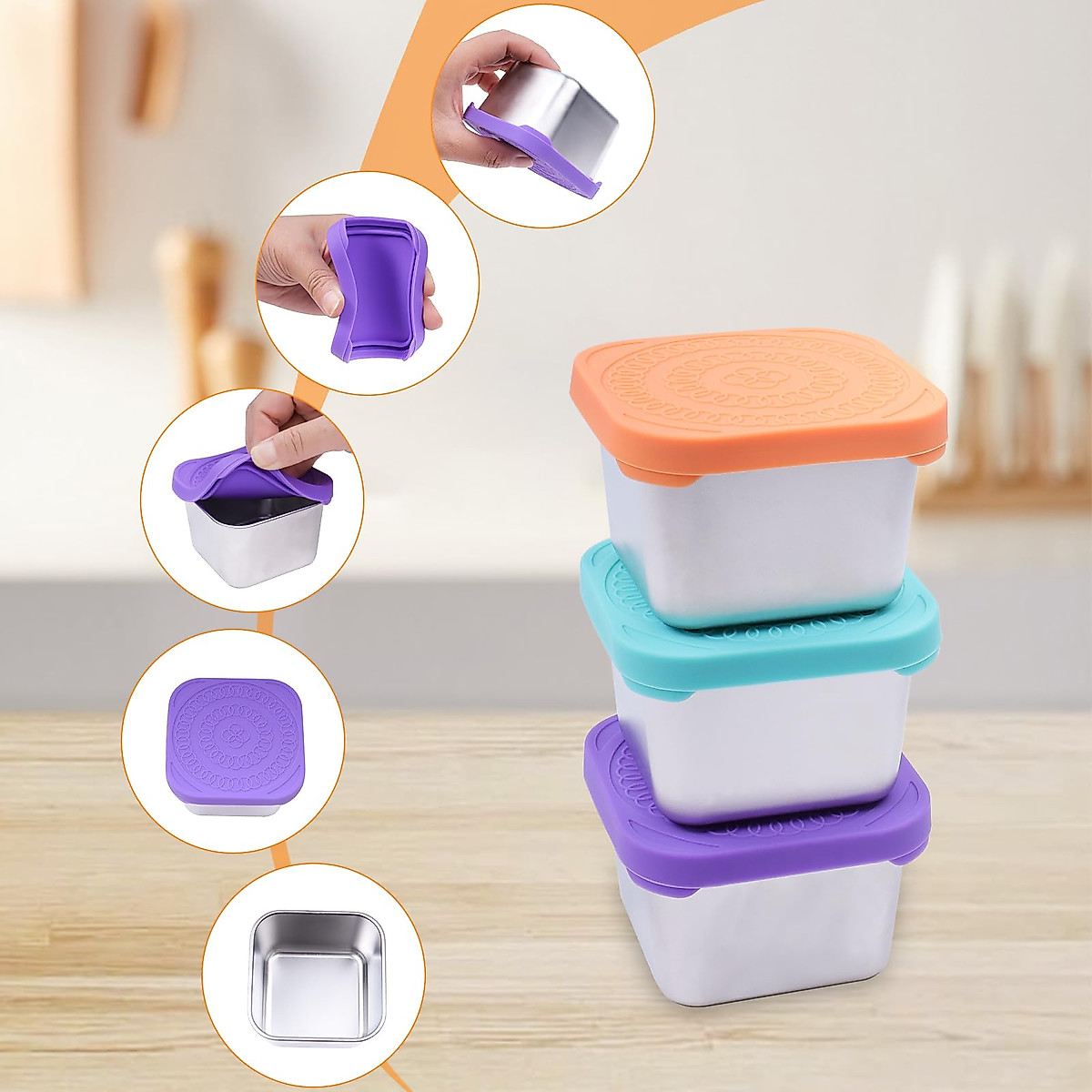 ZHAO Stainless Steel Snack Containers with Silicone Lids Small Metal Food Storage Containers Lunch Snack Condiment Sauce Storage Set for Travel, Picnic, Office (4)