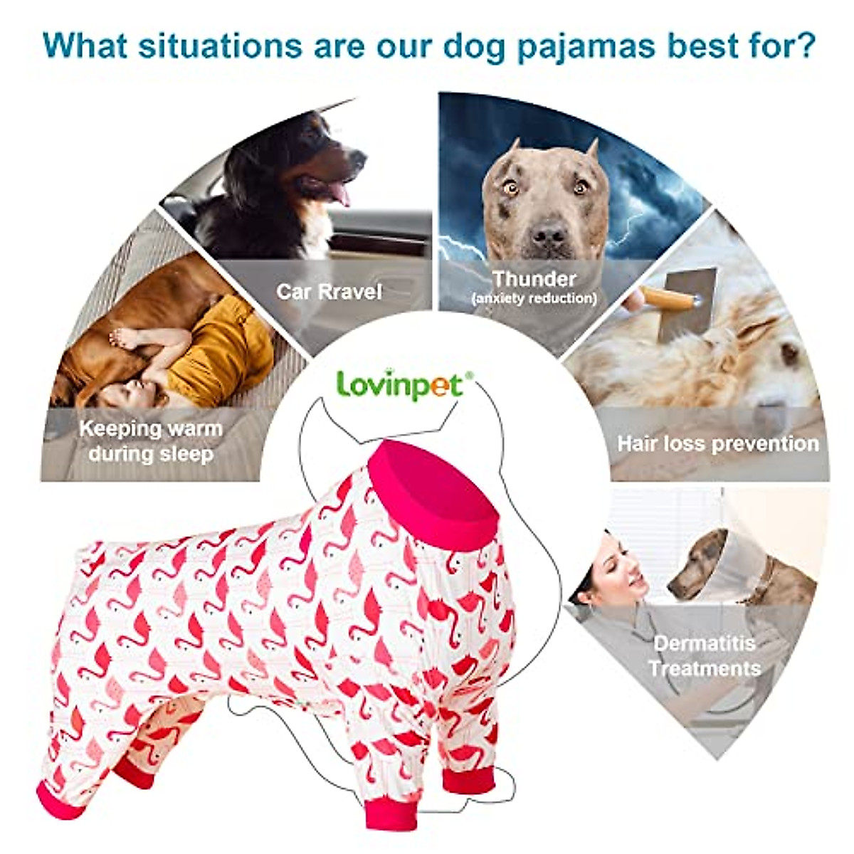 LovinPet Large Dog Pjs, Anxiety Calming Shirt, Dog Jammies for After Surgery, Flamingo Print, Large Dog Clothes, 4 Leg Style Pullover Dog Onesie for Dog,Red M