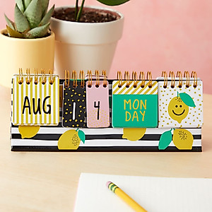 Paper Junkie Lemon Perpetual Flip Calendar for Office Desktop, Classroom Supplies, Desk Calendar with Day, Date, and Month Display for Planning, Home, Kitchen Decor (8 x 3.5 Inches)