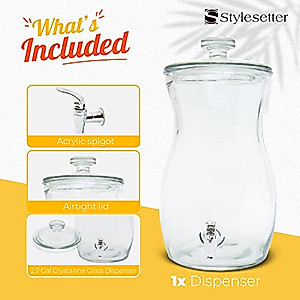 Style Setter Glass Beverage Dispenser for Countertop - 2.7 Gallon Large Glass Drink Dispenser w/Spigot & Lid - Party Drink Dispenser for Sweet Tea Lemonade Punch Water, Juice Dispensers for Parties