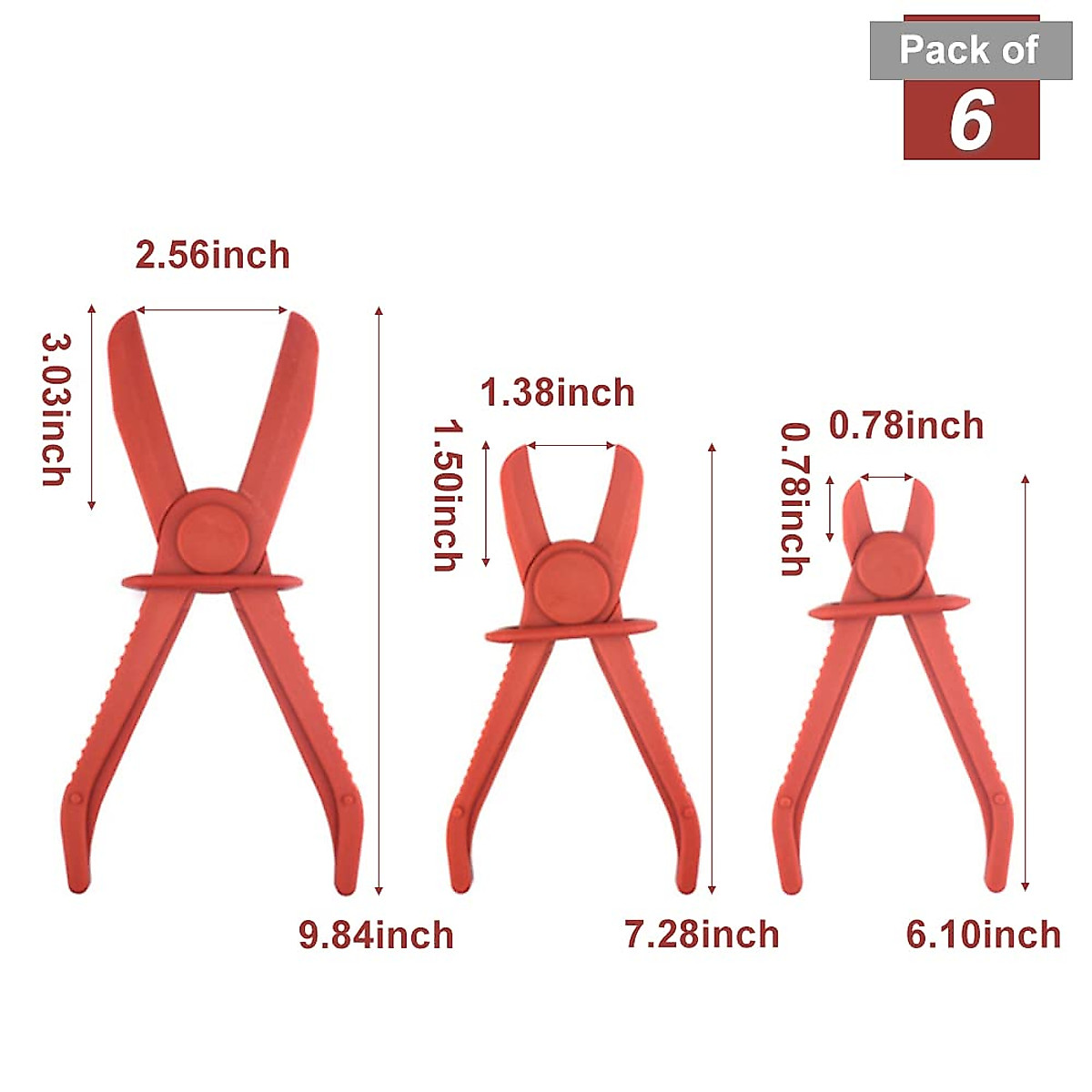 PETCHOR Plastic Hose Clamp Pliers, 6 Pack 3 Size Line Pinch Clamps Set, Flexible Hose Clamps Pliers Kit for Flexible Hoses Fuel Hoses Gas Lines Brake Hoses Radiator Hoses Coolant Hoses, Red