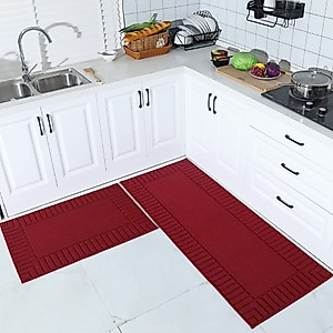 BEQHAUSE-Kitchen-Rugs-and-Mats [2PCS] Non Slip Kitchen Mats for Floor,Machine Washable Burgundy Red Kitchen Rugs,Polypropylene Kitchen Floor Mat with TPR Backing 20x30inch/20x48inch