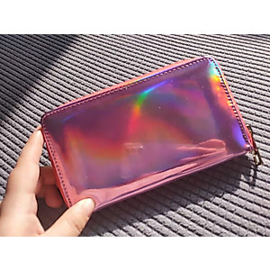 NC Slim Pink wallets for Girls Women, Cute Holographic Luminous Zipper Card Holder Cellphone Handbag Clutch Purse Wallet for Little Girls