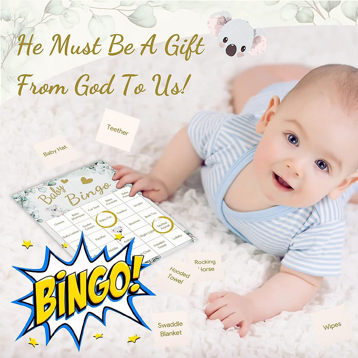 YIFAM Baby Shower Bingo Game Eucalyptus Foliage Edition, 20 Players Bingo Cards for Kids, Reveal Party Games Favors Supplies Decorations Souvenirs Gifts