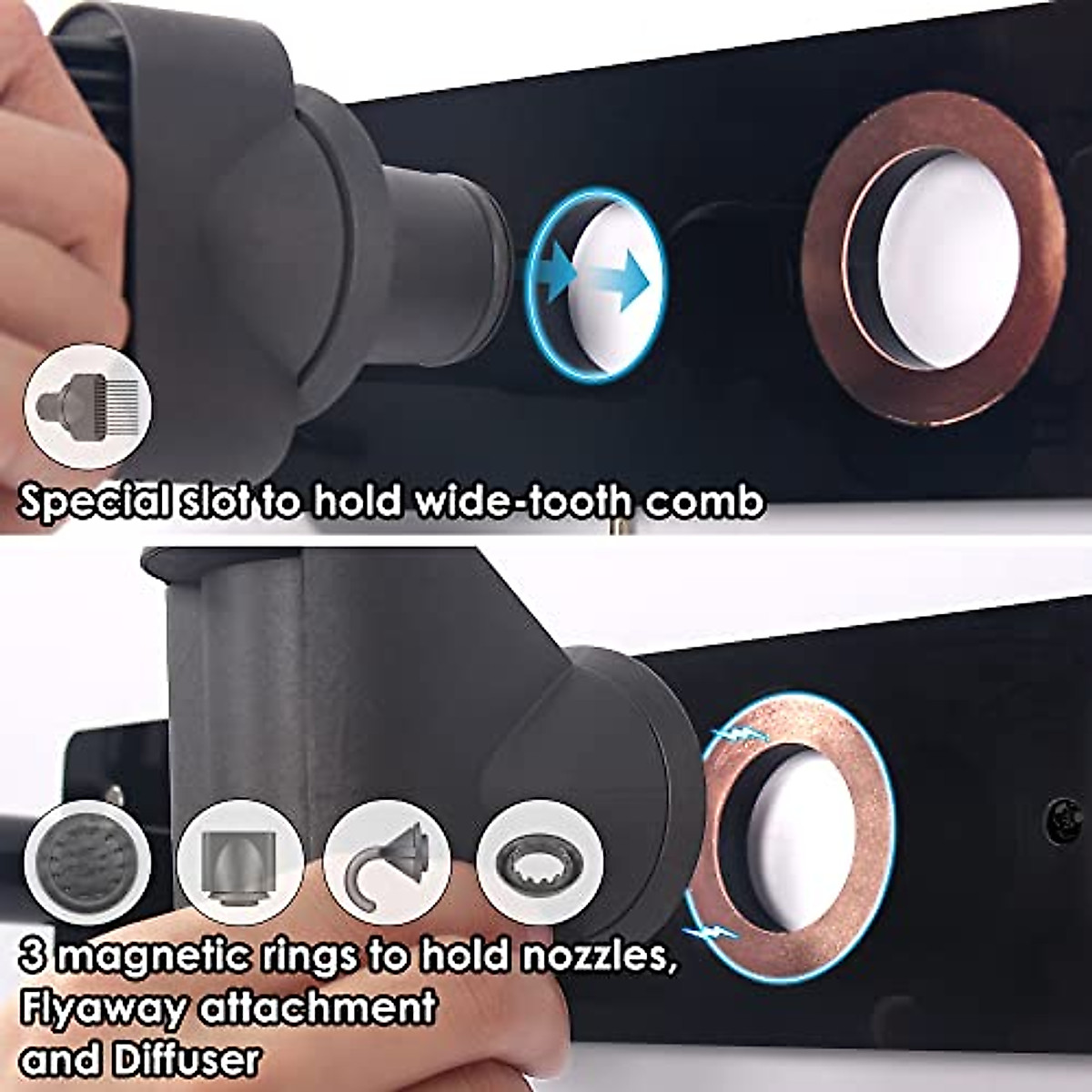 Floatant Wall Mount Hair Dryer Holder Compatible with Dyson Supersonic, Acrylic Organizer for Storage Attachments, Wall Mounted Rack with Hook for Accessories Nozzles,Wide-tooth Comb,Diffuser(Black)