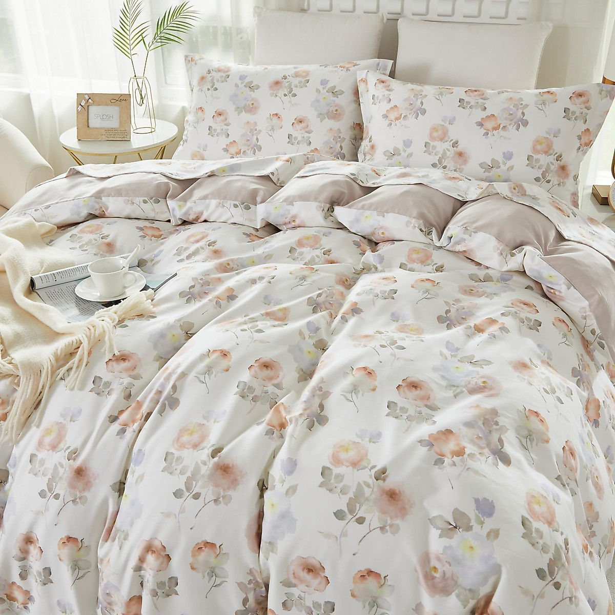 Brandream Floral Bedding Cotton Tencel Duvet Cover Set 4 Piece, 60% Lyocell & 40% Cotton,Hypoallergenic,Breathable and Soft Bedding Set, Floral Duvet Cover with Zipper Closure and Corner Ties