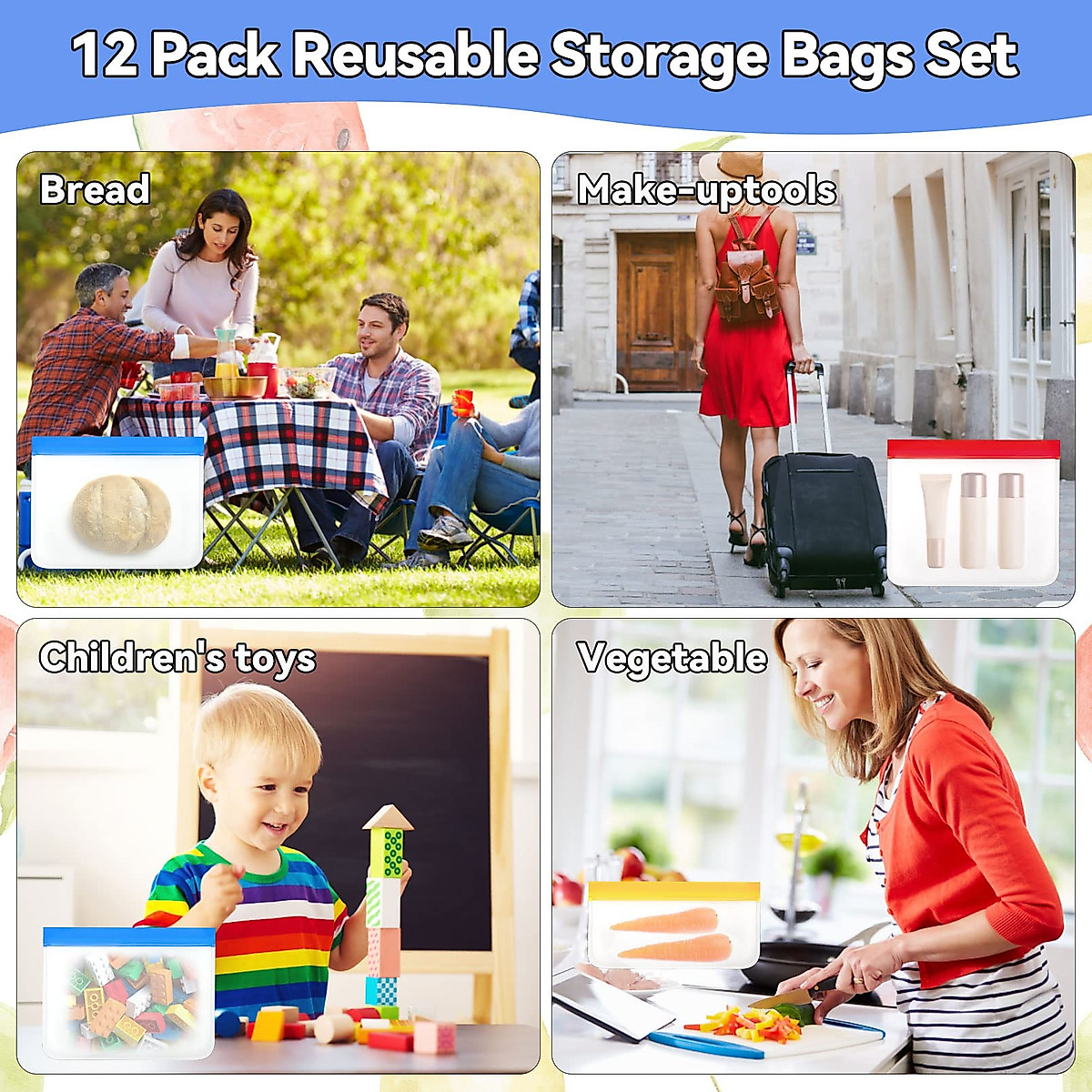 16Pack Reusable Food Storage Bags,Leakproof Reusable Freezer Bags,Extra Thick Reusable Silicone Bags BPA Free PEVA for Marinate Food Lunch Travel Items (4 Gallon Bags+6 Sandwich Bags+6 Snack Bags)