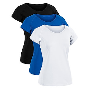 CADMUS Women's Workout Shirts for Running Yoga Tee Shirts Dry Fit,3 Pack,2501,Black & Blue & White,Small