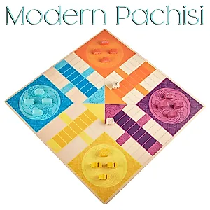 Pachisi: India's Game of Twenty-Five - Features 2-in-1 Modern and Traditional Rulesets - Double-Sided Board Game with Colorful Animal Pawns and Wooden Cowrie Shell - Family Game Night for 2-4 Players
