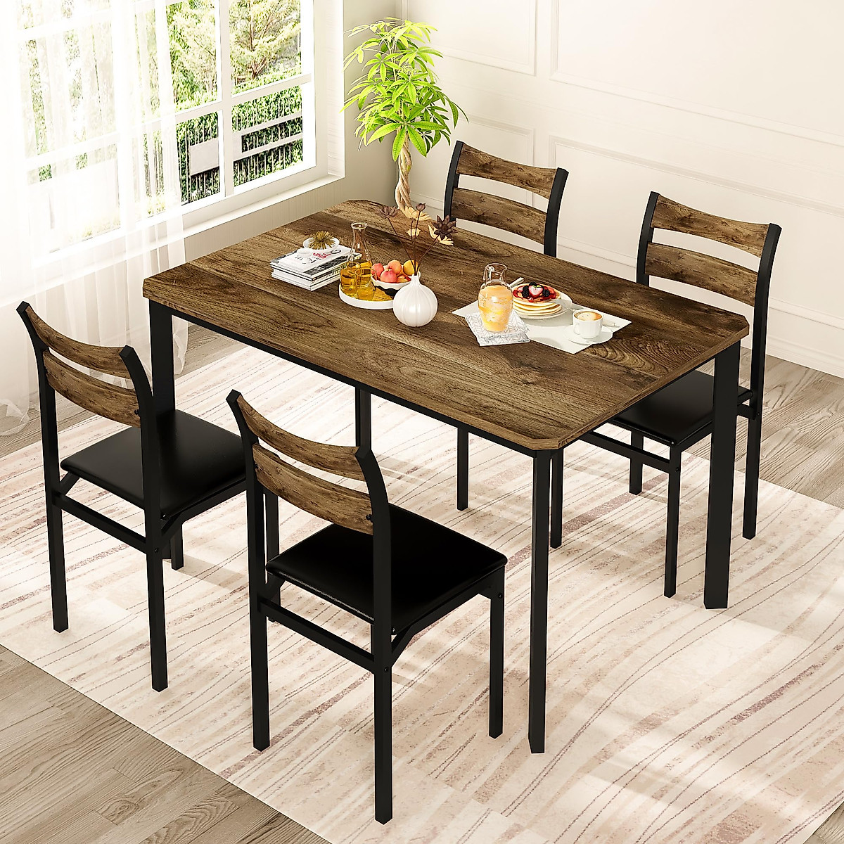 DKLGG Dining Table Set for 4, 43.3" Dining Room Table with 4 Upholstered PU Leather Chairs, Modern Wood Kitchen Table and Chairs Set, 5-Piece Dinette Set for Breakfast Nook, Small Places, Brown