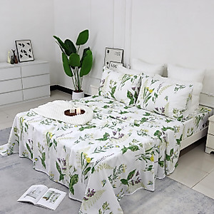 FADFAY California King Size Sheets Set Premium 100% Cotton Green Floral Bed Sheet Botanical Lavender Leaf Daisy White Deep Pocket Fitted Sheet Soft Shabby Sheets Pillowcases Set 4Pcs, Cal King