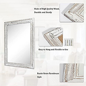 MWAZZLL Wall Mirror with Rustic Wood Frame Rectangle Mirrors for Wall Decorative Hanging Mirror for Bathroom Bedroom Farmhouse Living Room White Small