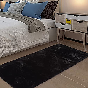 CAROMIO Fluffy Runner Rug Black Faux Fur Area Rug Shaggy Couch Cover Seat Cushion Furry Carpet Beside Rugs Floor Cover for Bedroom Sofa Living Room, Rectangle 2 x 6 Feet