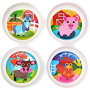 French Bull 4pc Toddler Kids Feeding Melamine Tableware Flatware BPA Free Dishwasher Safe, Durable Plate, Cup, bowl, Divided Tray Dinnerware Set, Farm, 4pc bowl set (74292)