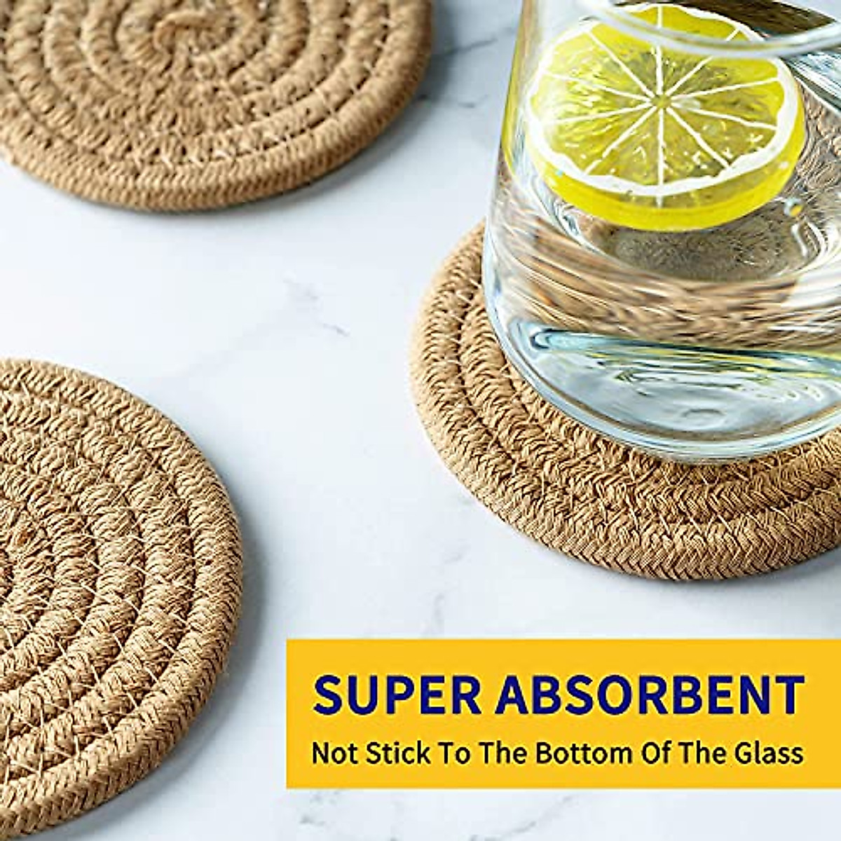 Coasters for Drinks, Absorbent Coasters for Coffee Table, Wooden Table, Farmhouse Coaster Set, Handmade Braided Coasters for Tabletop Protection (Brown, 6)