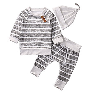 Besokuse Newborn Baby Boys Girls Hooded Sweatshirt T-shirt Tops+Striped Pants Kids Outfits Clothes Set (Grey Stripe, 0-3Months)