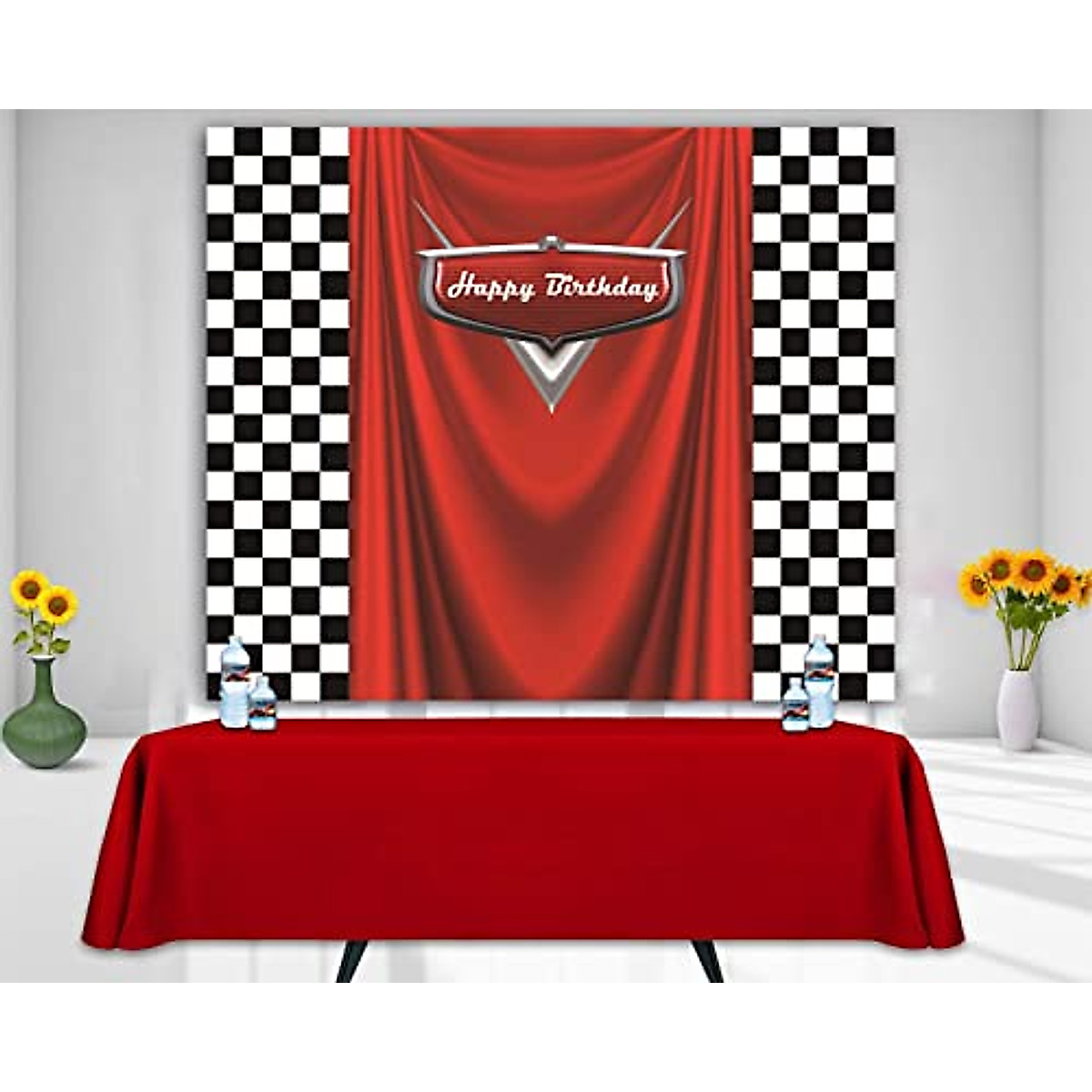 7x5ft Car Black White Grid Red Birthday Themed Backdrops Racing Flag Red Photo Backgrounds for Photography Happy Birthday Party Banner Photo Booth Props GYA