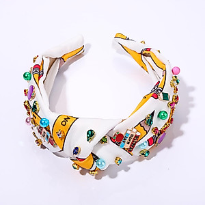 boderier Teacher Headbands for Women Pearl Crystal Knotted Headband Pencil Apple Embellished Headband Back to School Hair Accessory Teacher Appreciation Gifts (Crystal Beaded Charms)