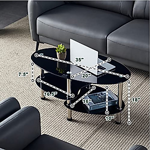 Oval-Shaped Glass Tea Table for Office, 3-Tier Modern Coffee Table, End Table for Living Room (Black)