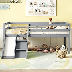 Low Loft Bed with Slide, Twin Size Kids Loft Bed Frame with Climbing Ladder and Safety Guard Rail, Wood Junior Loft Bed for Girls, Boys, Kids, Matte Gray.