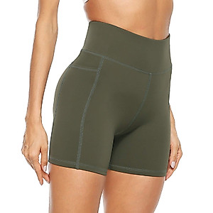 AFITNE Yoga Shorts for Women with Pockets High Waisted Workout Athletic Running Shorts Biker Spandex Gym Fitness Tights Leggings Army Green - L