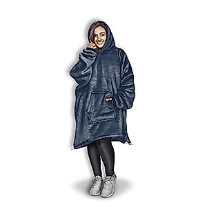 Premium Wearable Hooded Sweater Blanket for Adult Women and Men 37"x32" - Super Soft, Lightweight, Microplush, Cozy and Functional Throw Blanket (Navy Blue)