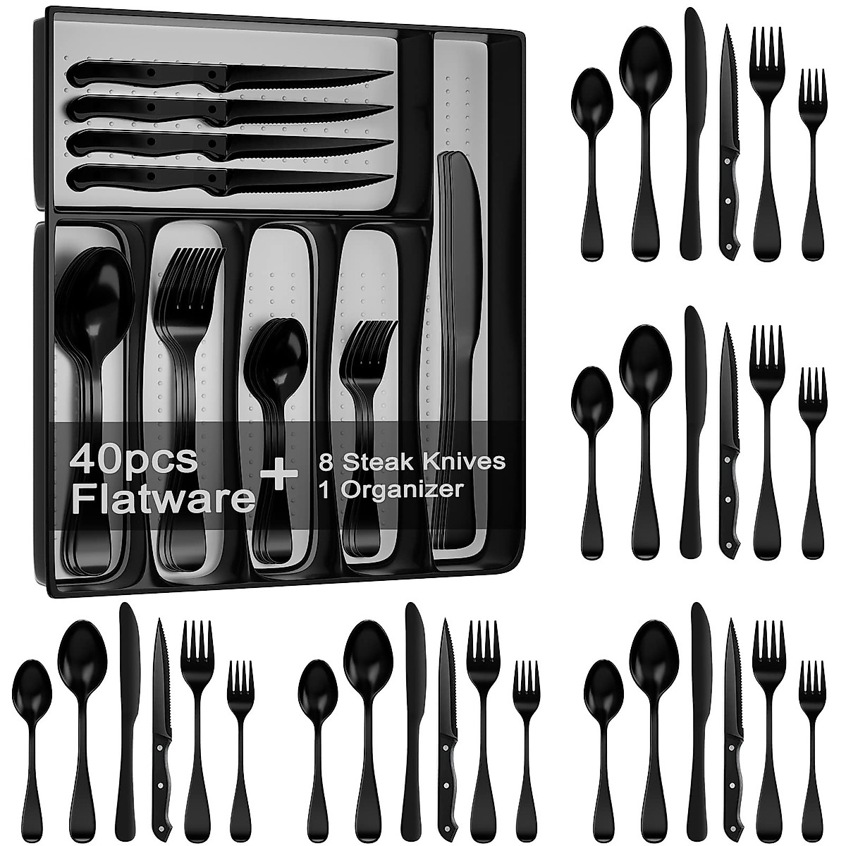 Black Silverware Set with Steak Knives, Flatware Set Organizer Drawer Tray Kitchen Utensils Tableware Service Matte Cutlery Stainless Steel Knife Fork Spoons for 5 Mirror Polished Dishware Safe