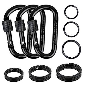 Carabiner Keychain Clip Hook, Cridoz 3pcs Locking Carabiner D Ring Clips with 9pccs Black Flat Key Ring for Water Bottles, Dog Tags and Car Keys (Assorted Sizes)