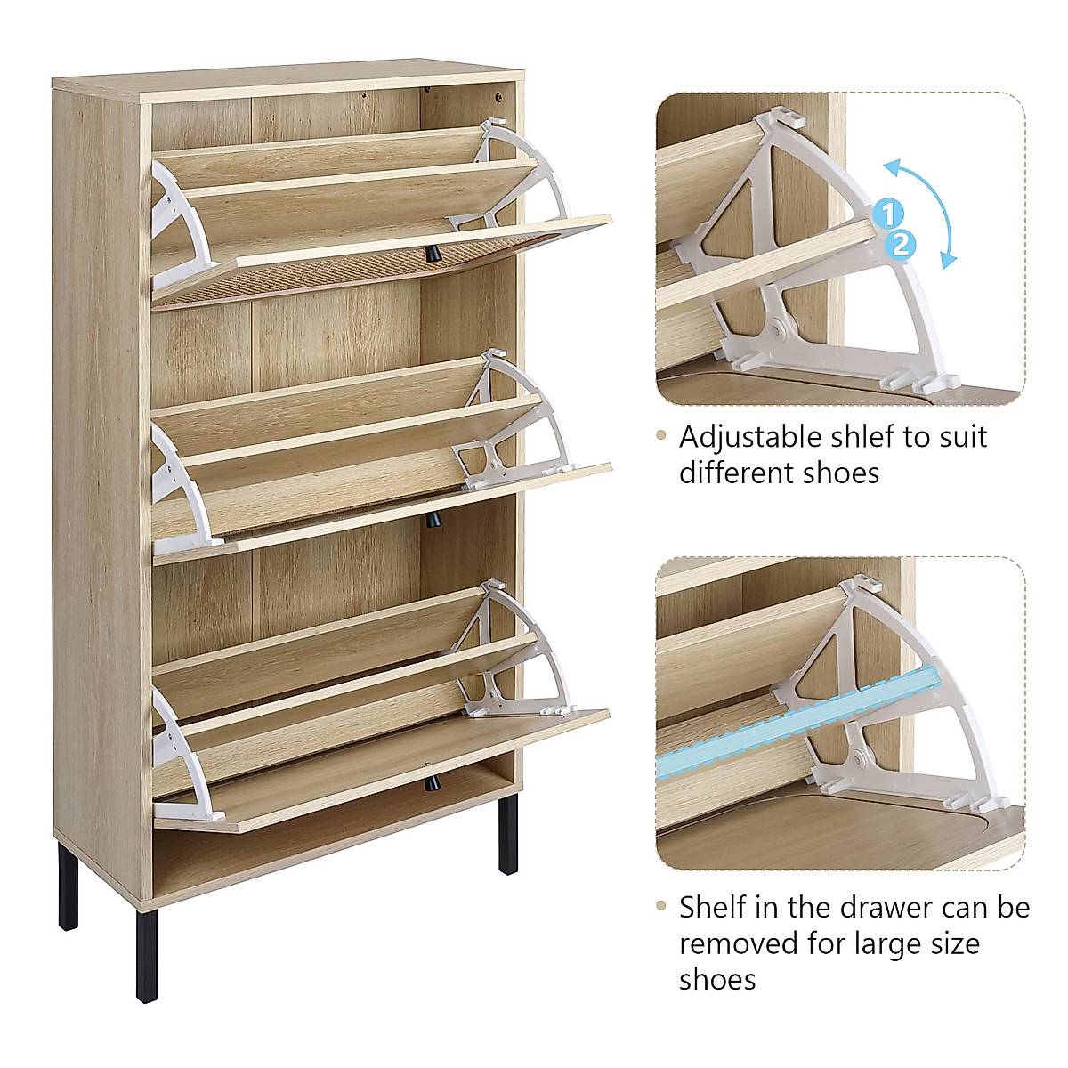 Sweiko 3 Flip Drawer Shoe Cabinet Natural Rattan Shoe Cabinet Organizer Freestanding Wooden Shoe Rack Storage Cabinet with Metal Legs for Entryway Hallway Bedroom Mudroom