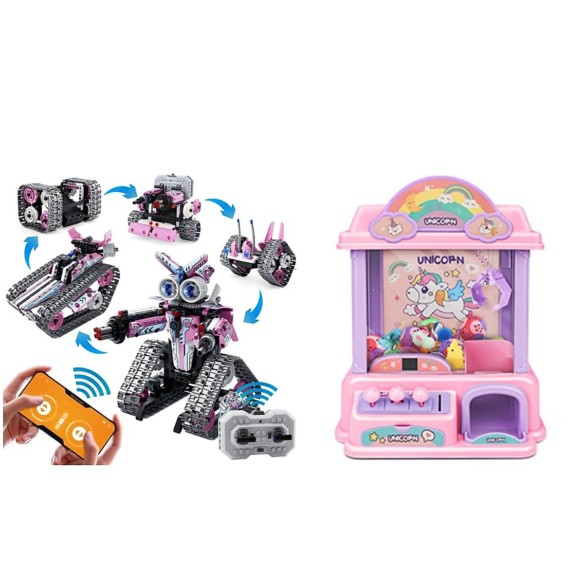 Amy&Benton Girls Remote Control Robot Building Kit Stem Pink Robot Kit with APP for 8-16 Year Old Kids + Claw Machine for Kids Grabber Arcade Crane Venting Toy with Prizes for Girls