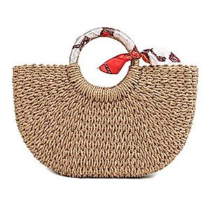 FARVALUE Summer Straw Beach Tote Bag Handmade Large Straw Tote Handbag Women's Handbags And Free Silk Scarves