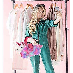 DolliBu Cotton Candy Pink Unicorn Plush Toy Pet Carrier - Cute Unicorn Stuffed Animal Pet Purse for Girls, Removable Sparkly White Unicorn Plush Toy in Fluffy Pink Handbag for Dress Up, Pretend Play