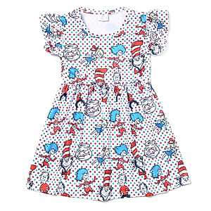 Toddler Girls Cat Pattern Dress Cartoon Twirl Dress Flutter Sleeve Clothes 6-7Y