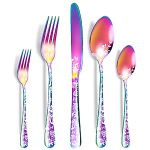 XIAOYU 5 Pieces Silverware Set, Black Flatware Set, Stainless Steel Mirror Polished Cutlery Set, Spoons Forks Knives Set with Unique Floral Laser, Rainbow