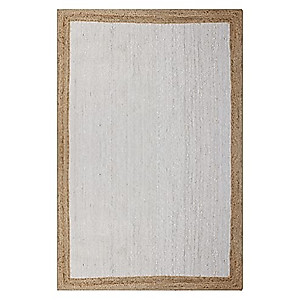 CASAVANI 100% Handmade Natural Jute Rugs Geometric White & Beige Hand Braided Rag Rug Best Uses for Living Room Bedroom Entryway Laundry Room Doorway Door Mate 4x8 6x8 5x5 Feet Square