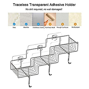 FANHAO Shower Caddy Basket with Hooks for Shampoo Conditioner Bathroom Shelf Storage Organizer Adhesive No Drilling Wall Mounted, Rustproof SUS304 Stainless Steel