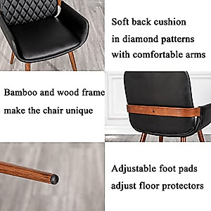 LUNLING Mid Century Modern Faux Leather Dining Chairs Set of 2, Black, Upholstered Seat, Metal Legs, Adjustable Foot for Kitchen Dining Room Desk Chairs