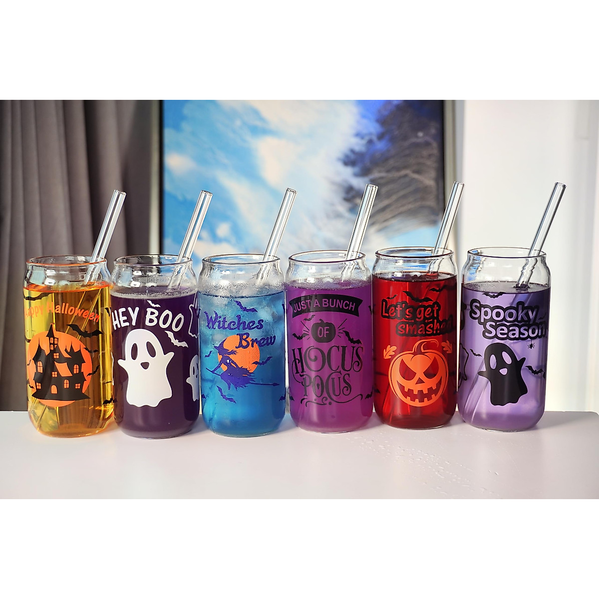 ANOITON Halloween Cups - Halloween Decorations Indoor Halloween Mug with Ghost Witch Decor Hocus Pocus Tumbler Halloween Party Supplies 18oz High Borosilicate Can Shaped Glass Cups Mug Tumbler