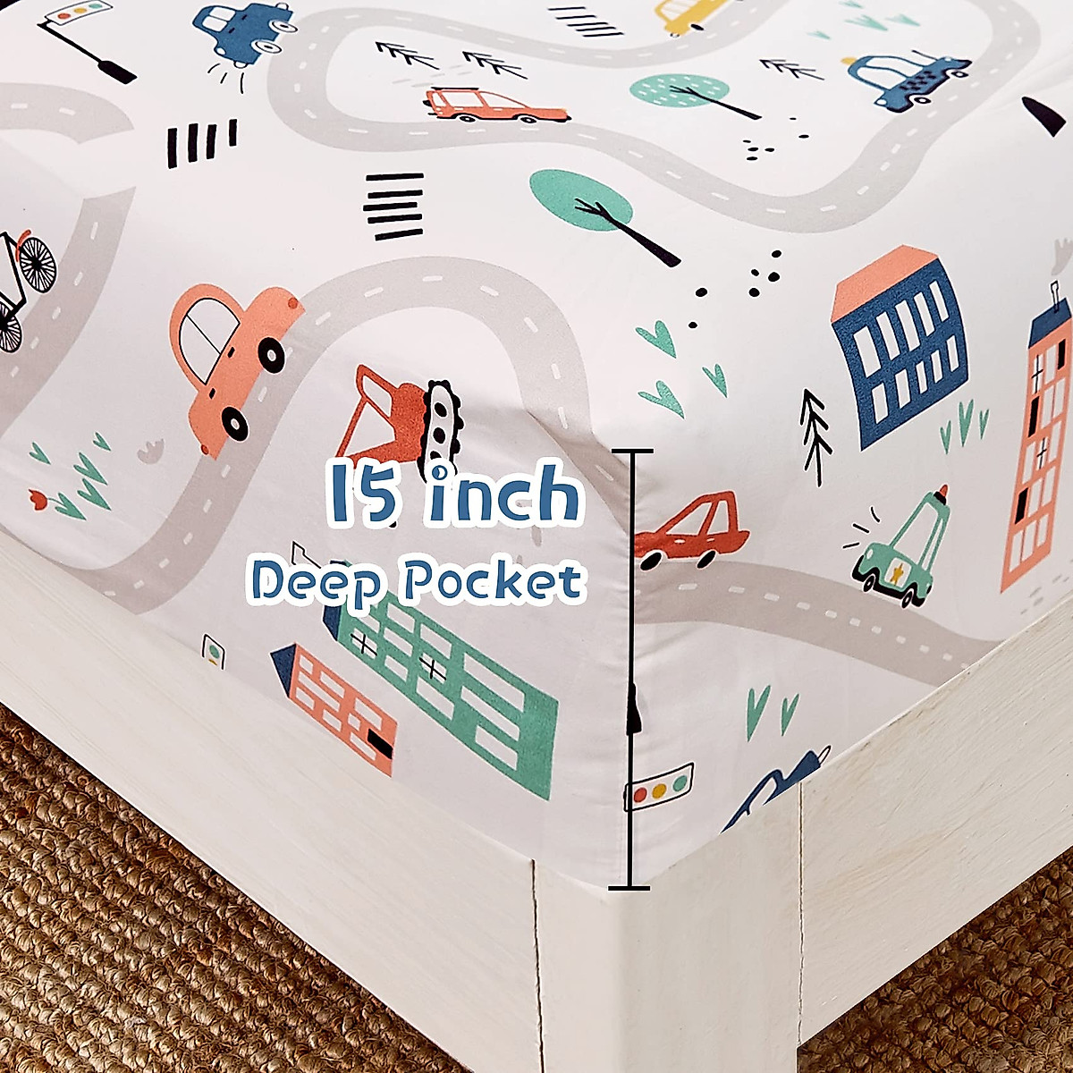 JSD Car Kids Printed Sheet Set Twin Size, 3 Piece Vehicles Microfiber Bed Sheets Deep Pocket