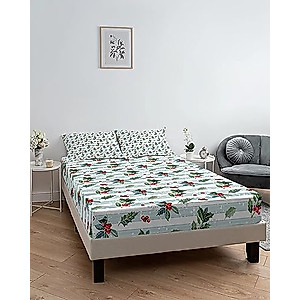 Full Size Fitted Sheet Bed Set Merry Christmas Holly Branch with Berry Deep Pocket Soft Bottom Sheets&Pillowcases for Bedroom Decor White and Blue Stripe,Fits Mattress Up to 16" Deep