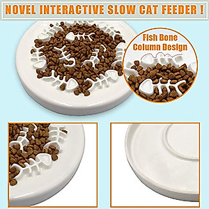 Slow Feeder Cat Bowl,Cat Puzzle Feeder Ceramic Dish with Fish Bone Design,Fun Interactive Slow Down The Eating Speed of Pets,Against Bloat,Indigestion