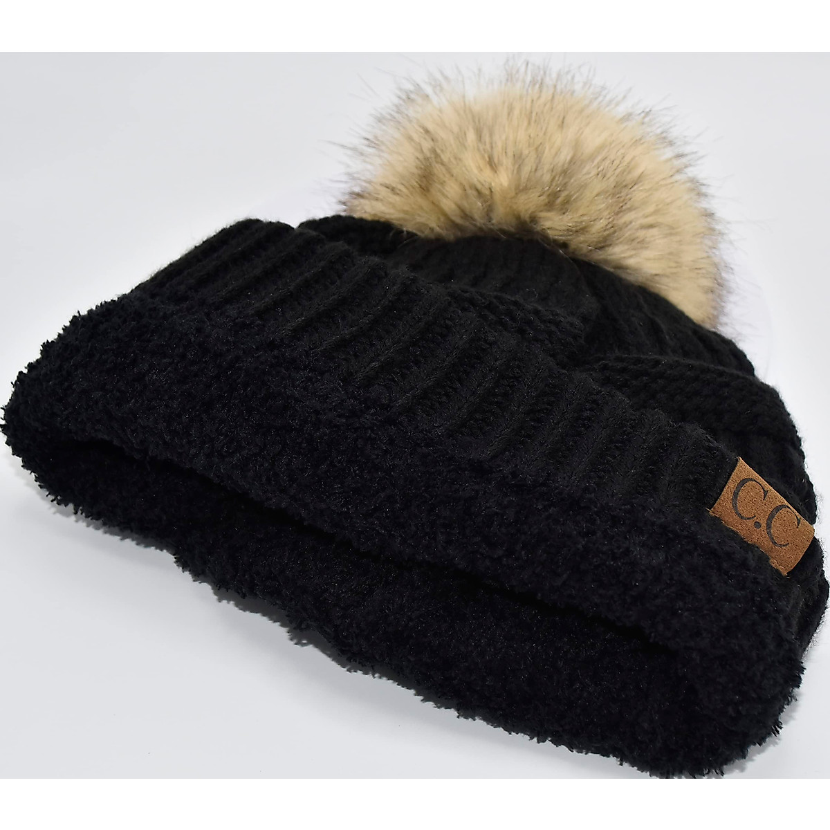 C.C Trendy Fuzzy Sherpa Fleece Lined Warm Soft Stretch Cable Knit Faux Fur Pom Pom Skull Cap Cuff Beanie Hat