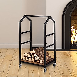 MyGift 30 Inch Industrial Firewood Cart in Rustic Burnt Wood and Black Metal Cottage Frame - Indoor Rolling Fire Log Lumber Holder Storage Rack Trolley