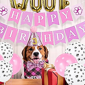 Dog Birthday Party Supplies,Dog Birthday Bandana Hat Banner Set,WOOF Balloons Happy Birthday Banner,Dog Birthday Party Supplies for Pet Puppy Cat Birthday Party Decorations Pink