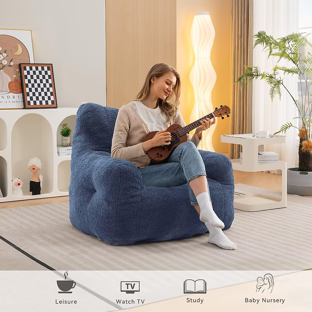 FOXHUNTER Bean Bag Chair for Adults, Bean Bag Sofa with Tufted Soft Stuffed Filling, Fluffy and Lazy Sofa Comfy Chair BeanBag Chairs with Memory Foam for Dorm Livingroom Apartment, Teddy Blue