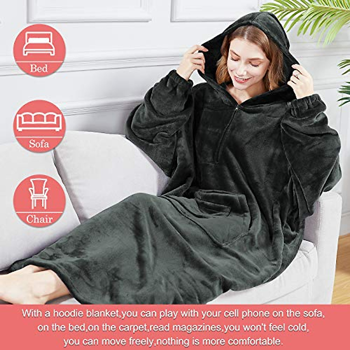 Hilarocky Blanket Hoodie Oversized Fleece Wearable Blanket Flannel Sweatshirt Blankets with Large Double Front Pocket, Quarter-Zippers Ultra Cozy Plush Blanket for Dark Grey