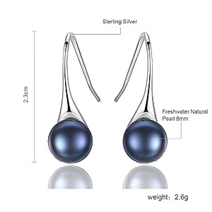 S925 Sterling Silver Freshwater Cultured Pearl Dangle Drop Earrings for Women AAA+ Quality 8mm Black Pearl Women's Earrings