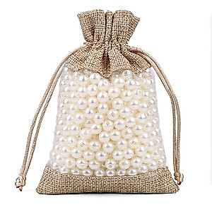 KUPOO 20PCS 3.5x5.5 Inches Clear Window Small Linen Burlap Sheer Organza Gift Bag for Wedding Party Favors Cosmetic Samples Goodies Mesh Pouch (Natural)