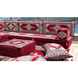 Maroon L Shaped Sectional Sofas, Arabic Sofa Set, Terrace Pallet Sofa, Floor Cushions, Arabic Majlis, Pouffs, Turkish Floor Seating Set (L Sofa + Rug + Ottoman, 8'' Thickness (20 cm))