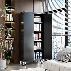 Aobabo 72 Inches Metal Garage Storage Cabinet with Wheels, Locking Metal Storage Cabinet with 4Shelves, Rolling Tool Storage Cabinet on Wheels, Assembly Required,Black